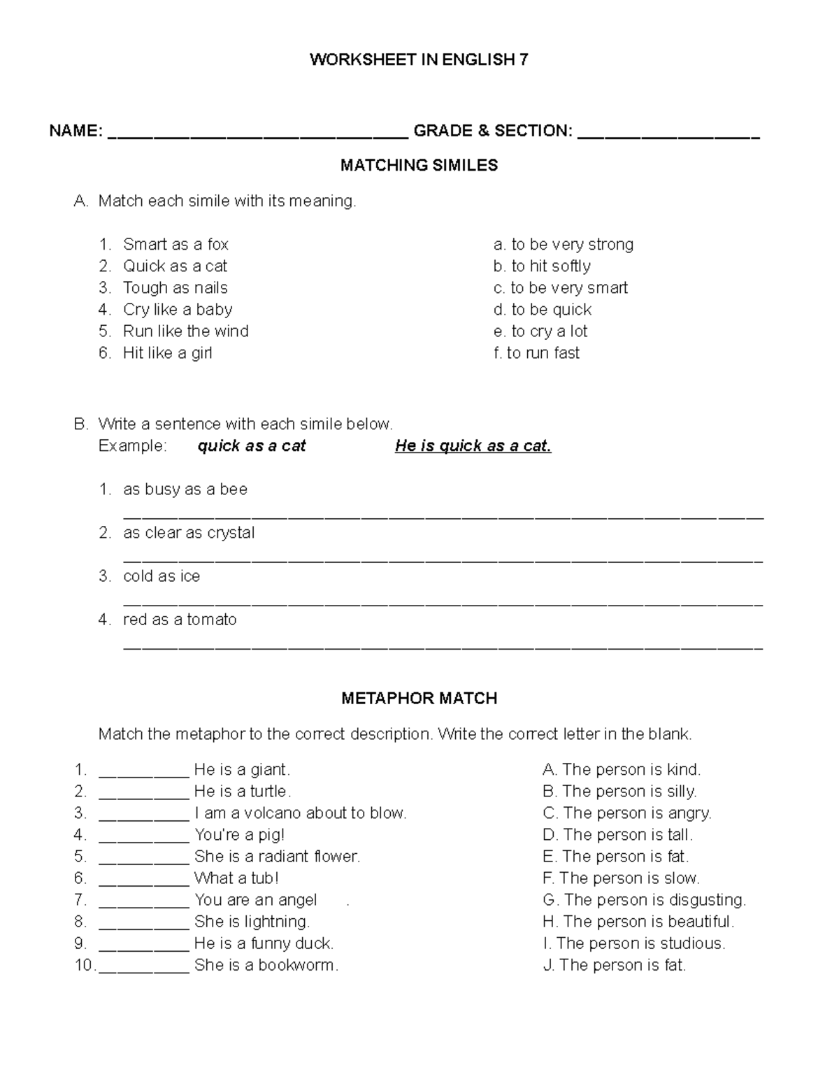 Worksheet IN English 7 - WORKSHEET IN ENGLISH 7 NAME ...