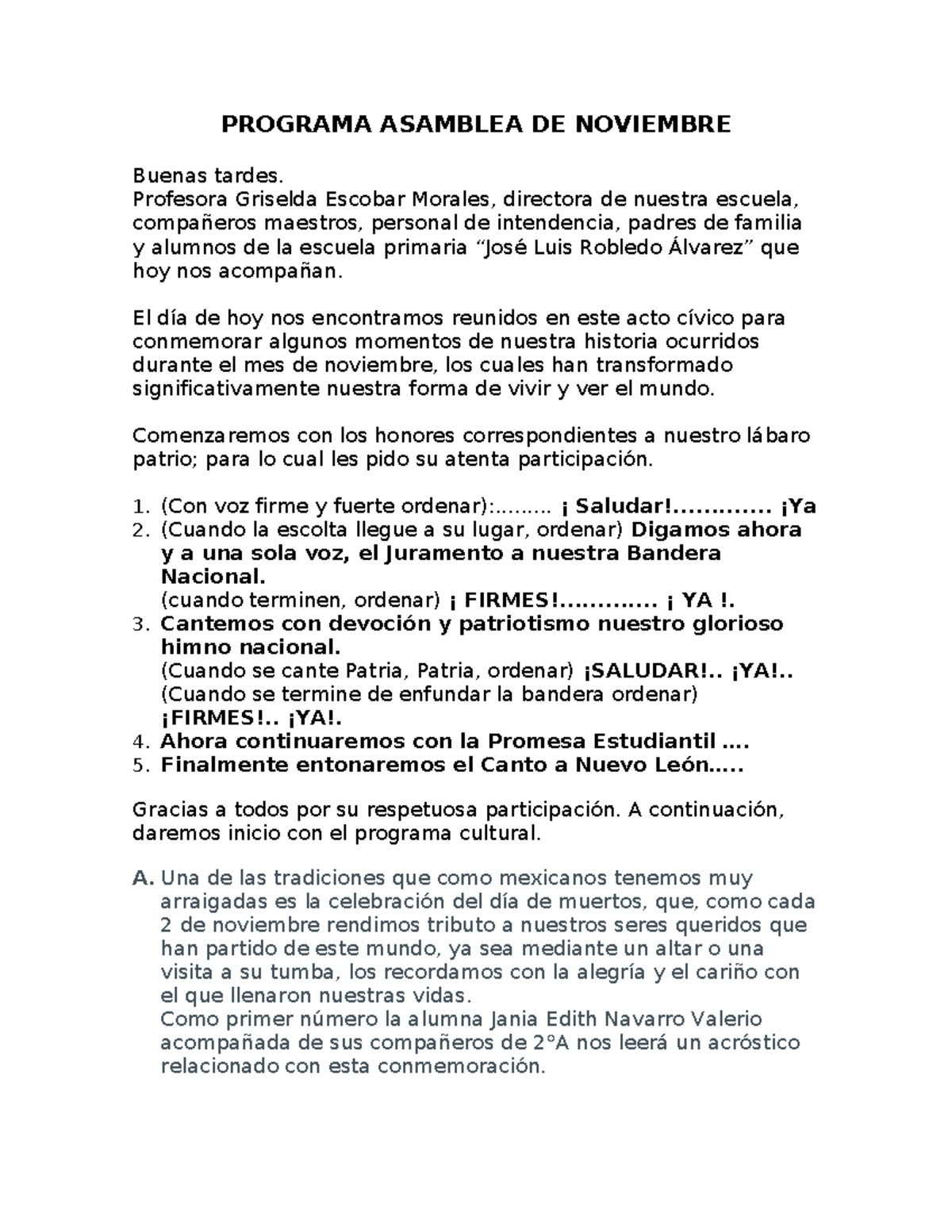 Programa Asamblea Noviembre 2023 - Acto Cívico y Celebraciones - Studocu