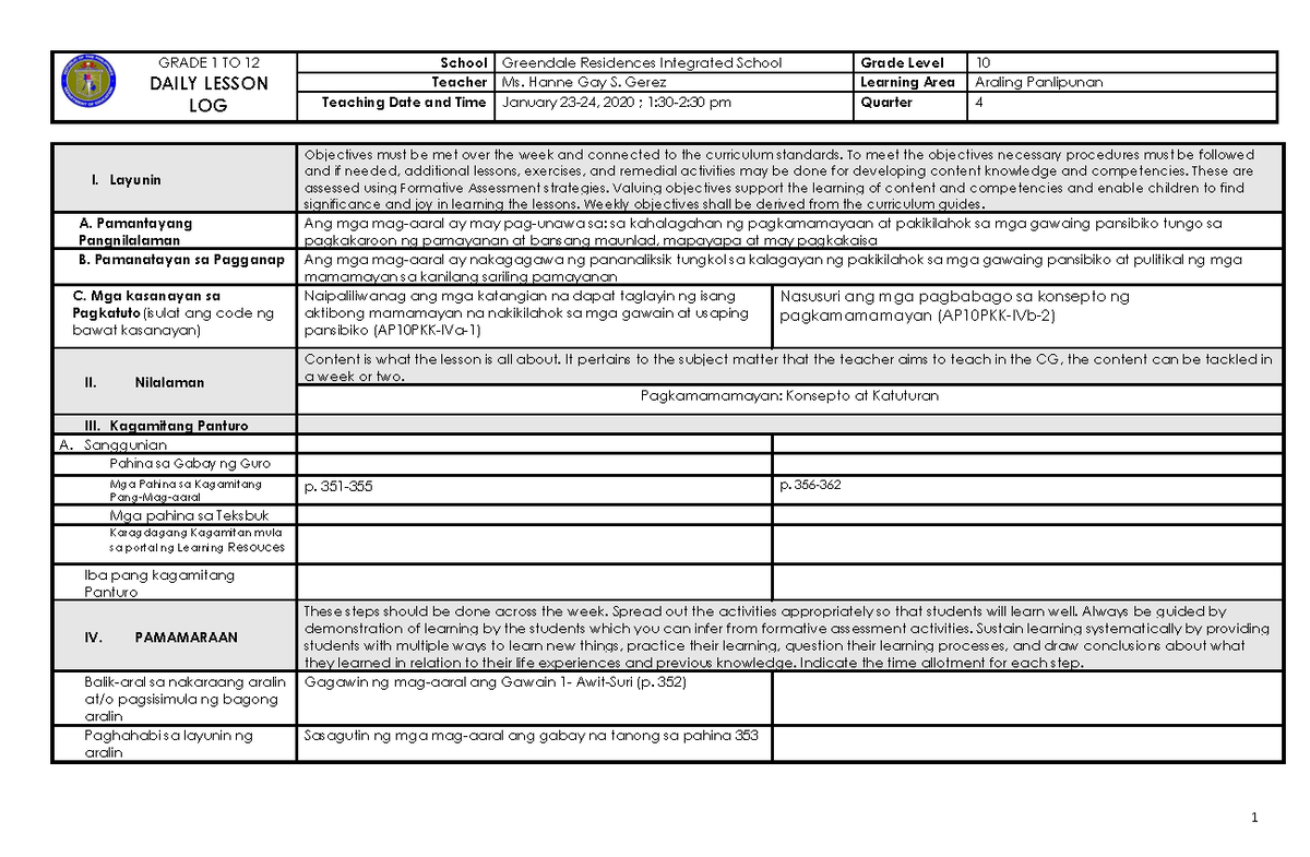 GRADE 1 TO 12 DAILY LESSON LOG: Araling Panlipunan 4 - Studocu