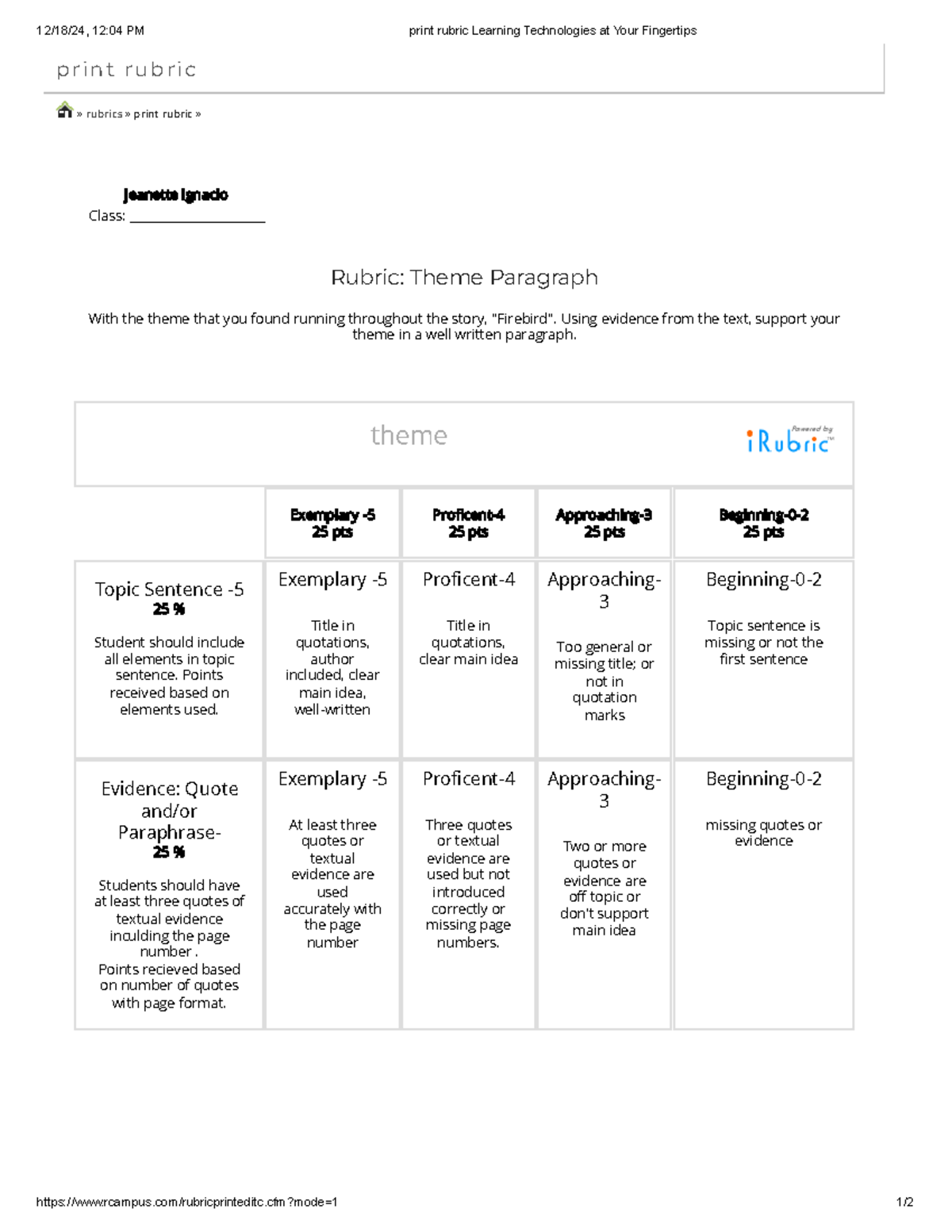 Theme Rubric - p r i n t r u b r i c » rubrics » print rubric ...