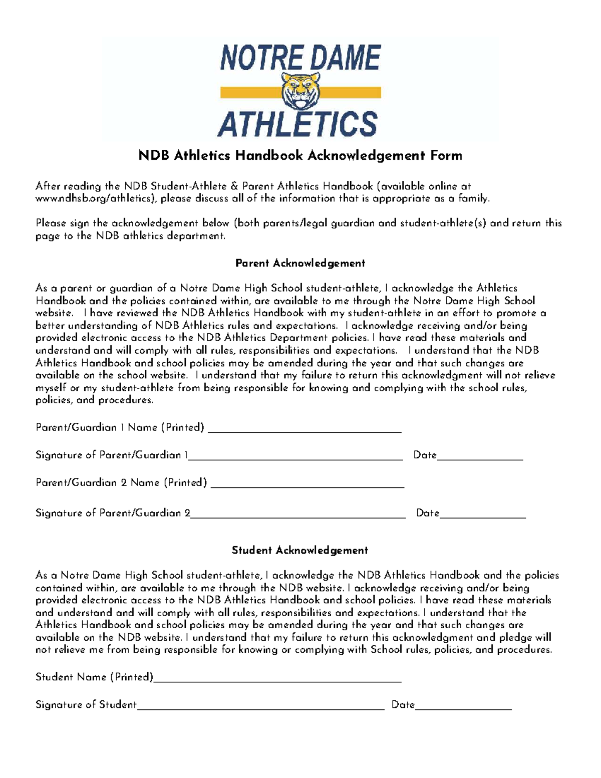 NDB Athletics Handbook Acknowledgement Form - Revised Edition - Studocu