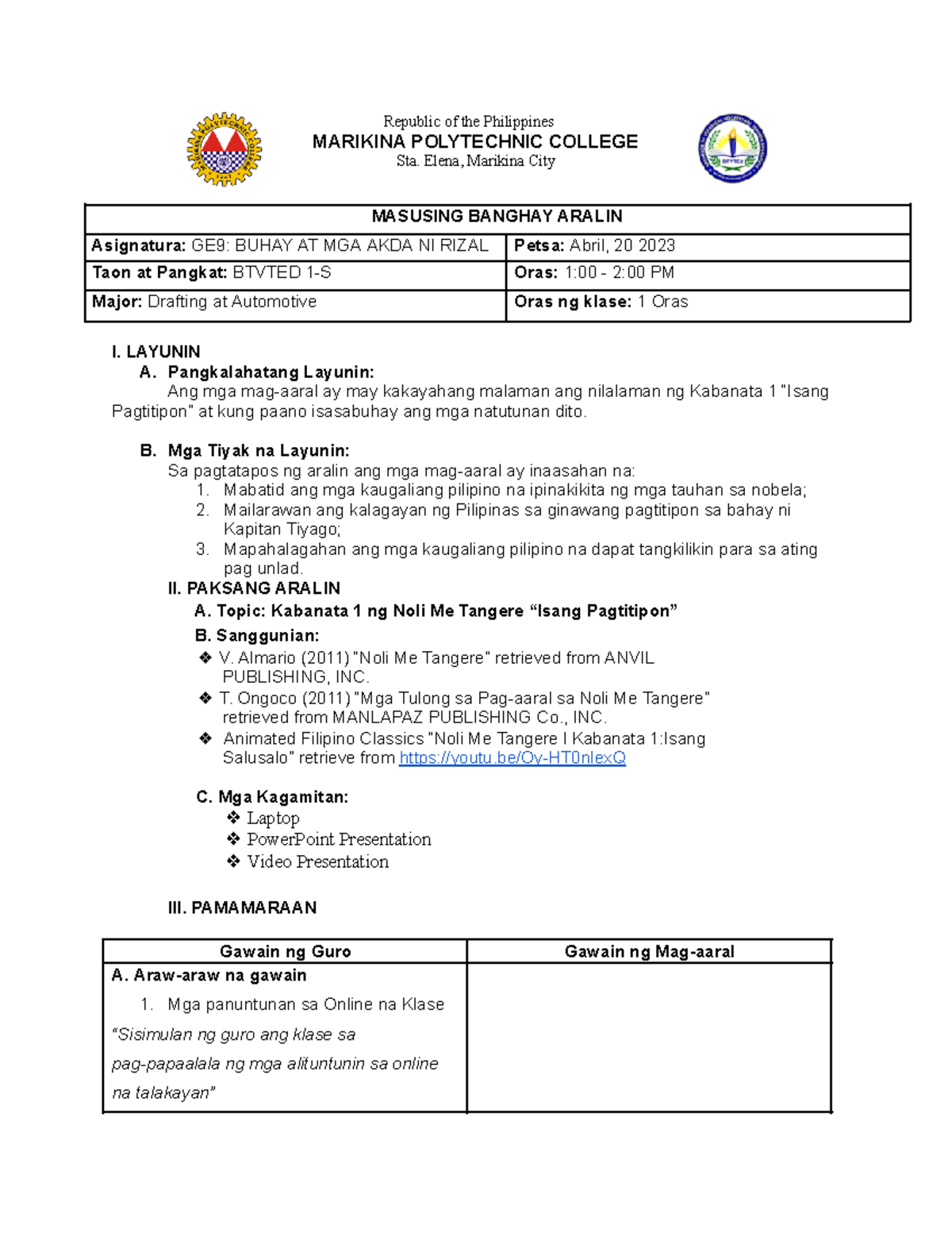 Masusing Banghay Aralin sa Kabanata 1 ng Noli Me Tangere (GE9) - Studocu