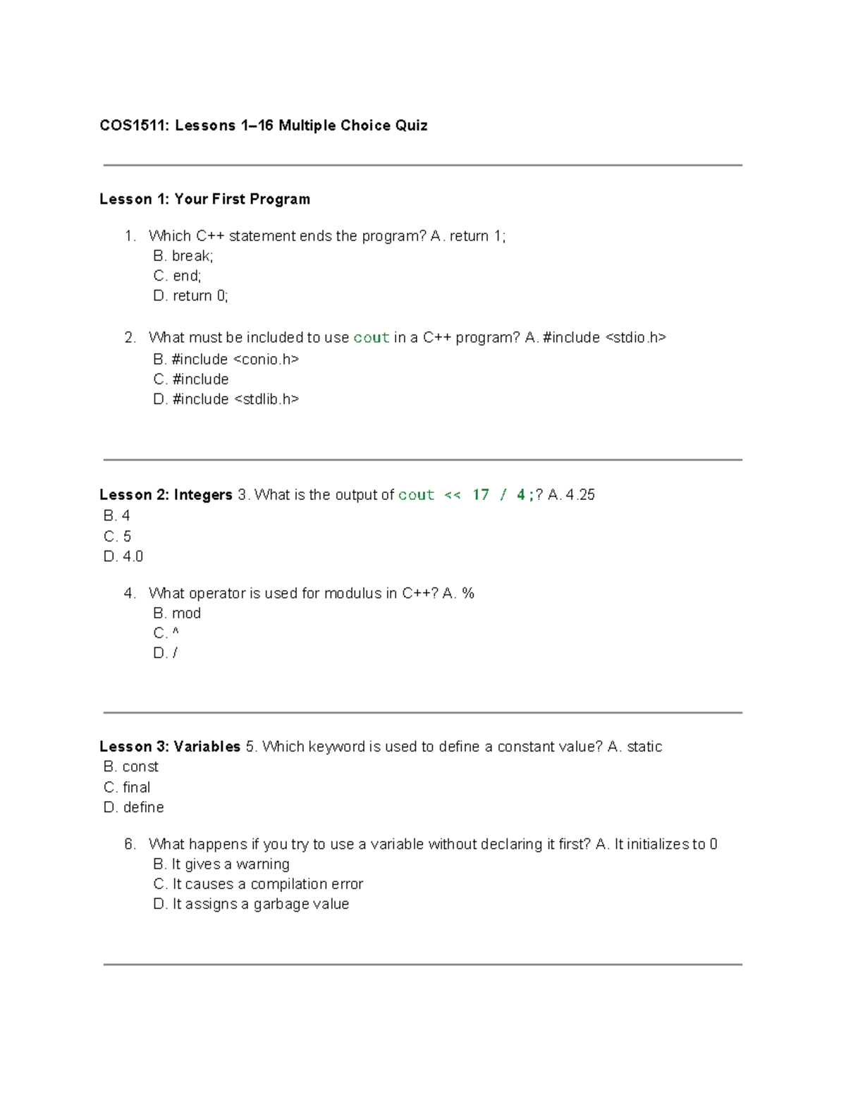 COS1511 Lessons 1–16 Multiple Choice Quiz Practice - COS1511: Lessons 1–16 Multiple Choice Quiz ...