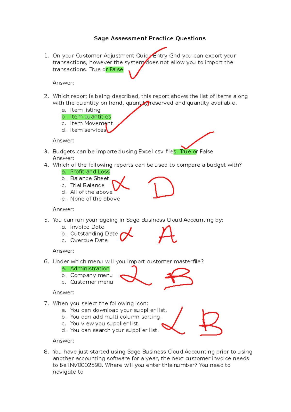 SAGE 101: Assessment Practice Questions for Accounting Exam Prep - Studocu