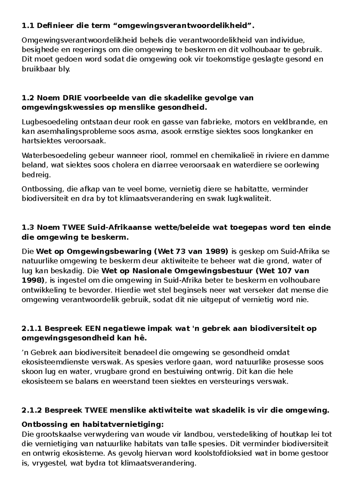 LO Taak: Omgewingsverantwoordelikheid en Menslike Gesondheid - Studocu