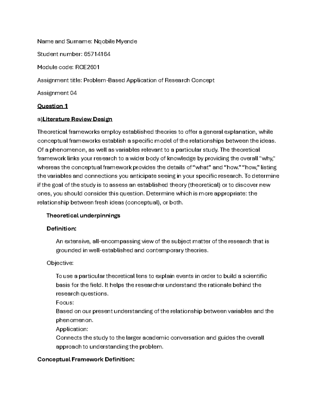 RCE2601 Assignment 04 - Application of Research Concepts and Frameworks ...