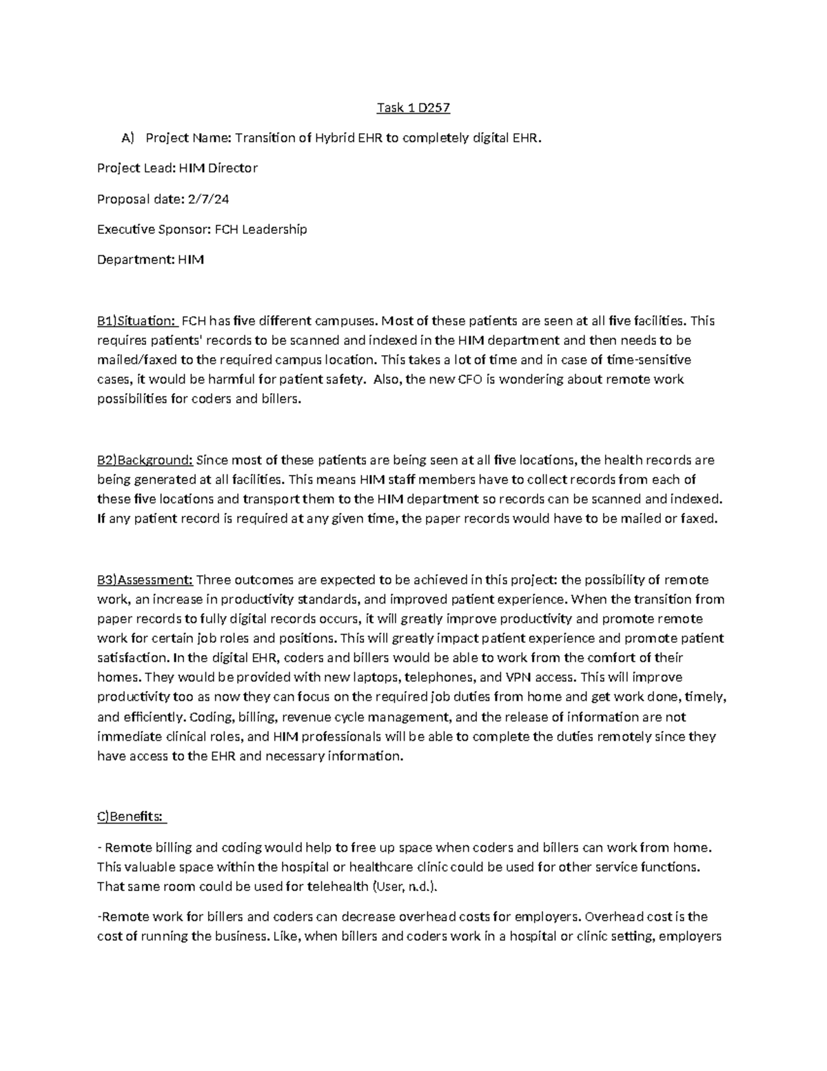 D257 Task 1 - Transition to Digital EHR: Project Proposal Analysis ...
