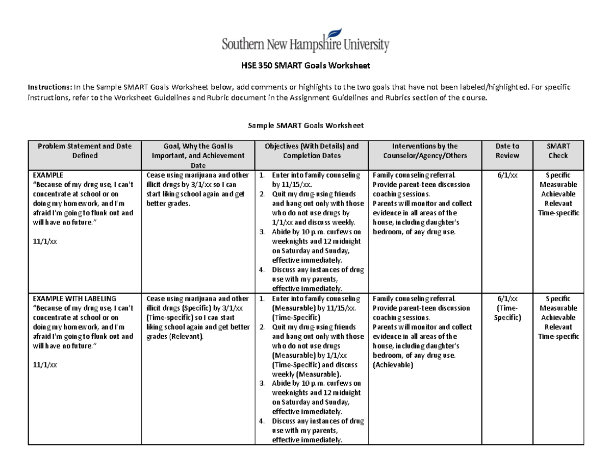 HSE 350 SMART Goals Worksheet Completion and Guidelines - Studocu