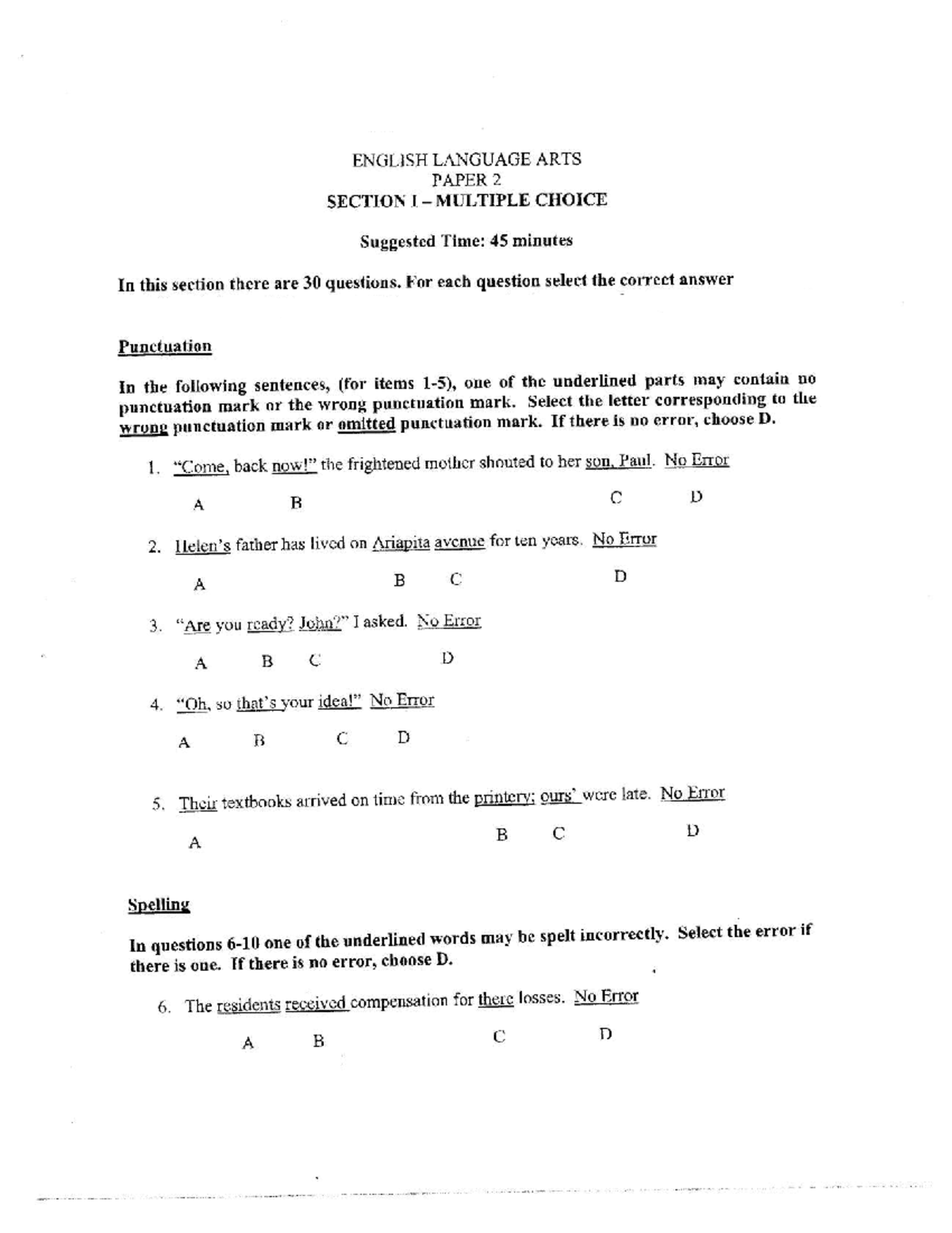 ENGLISH LANGUAGE ARTS PAPER 2: MULTIPLE CHOICE TEST 2 - Studocu