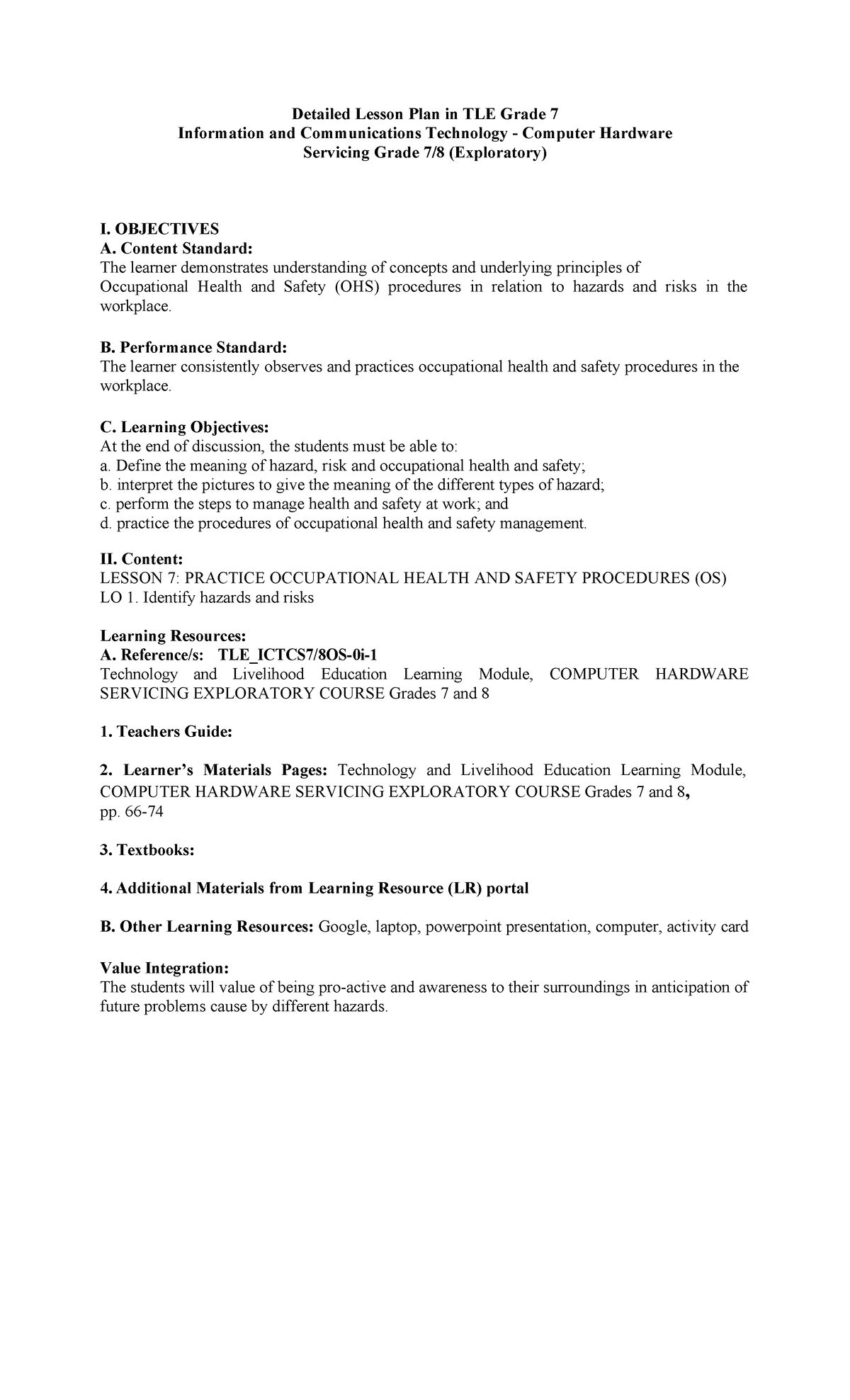 LE 7: Practice OHS Procedures in TLE Grade 7/8 Computer Hardware - Studocu
