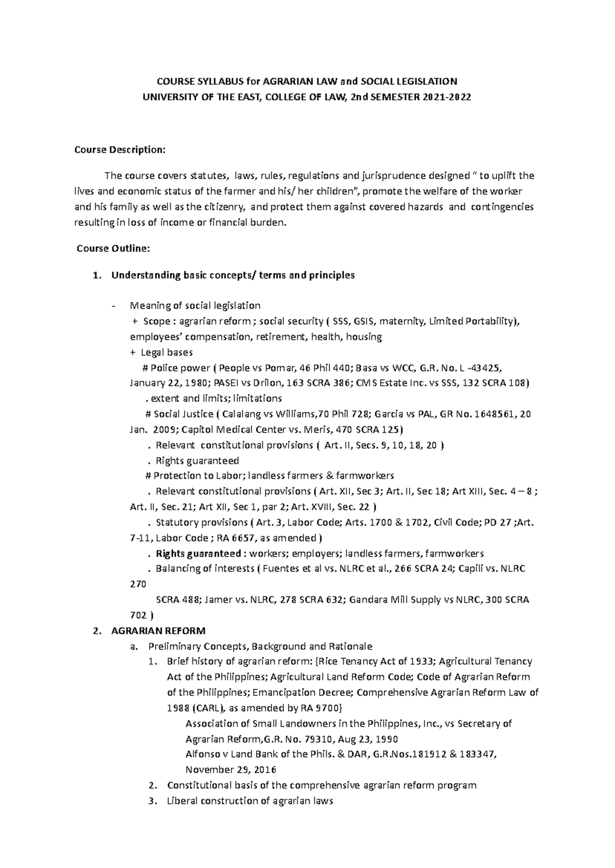Course Syllabus for Agrarian Law and Social Legislation 26SOC, 2nd Sem ...