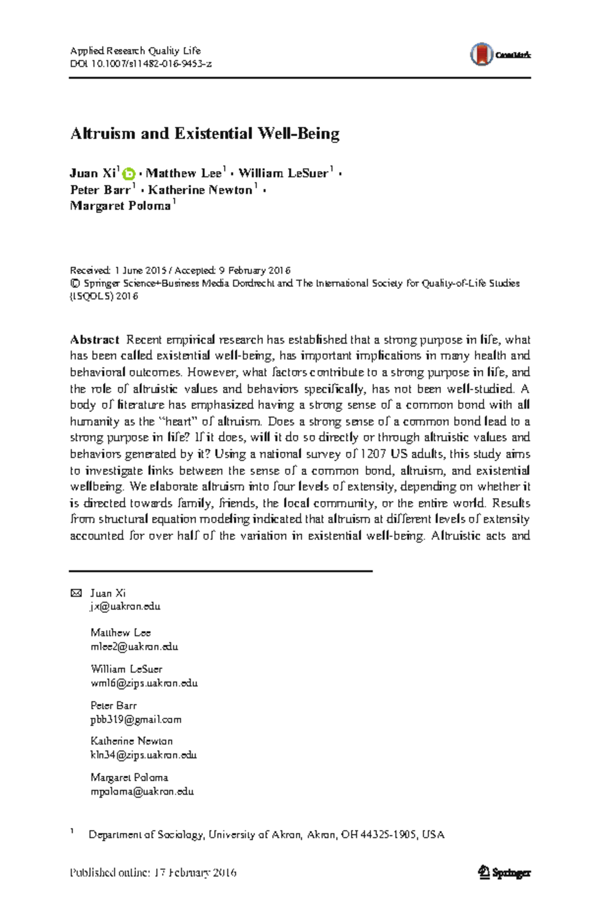 Altruism and Existential Well-Being: Insights from DOI Research - Studocu