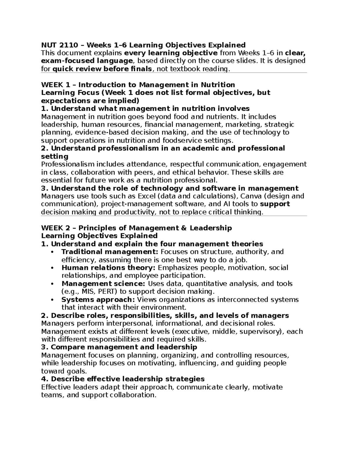 NUT 2110 Final Exam Study Guide: Weeks Learning Objectives Explained ...