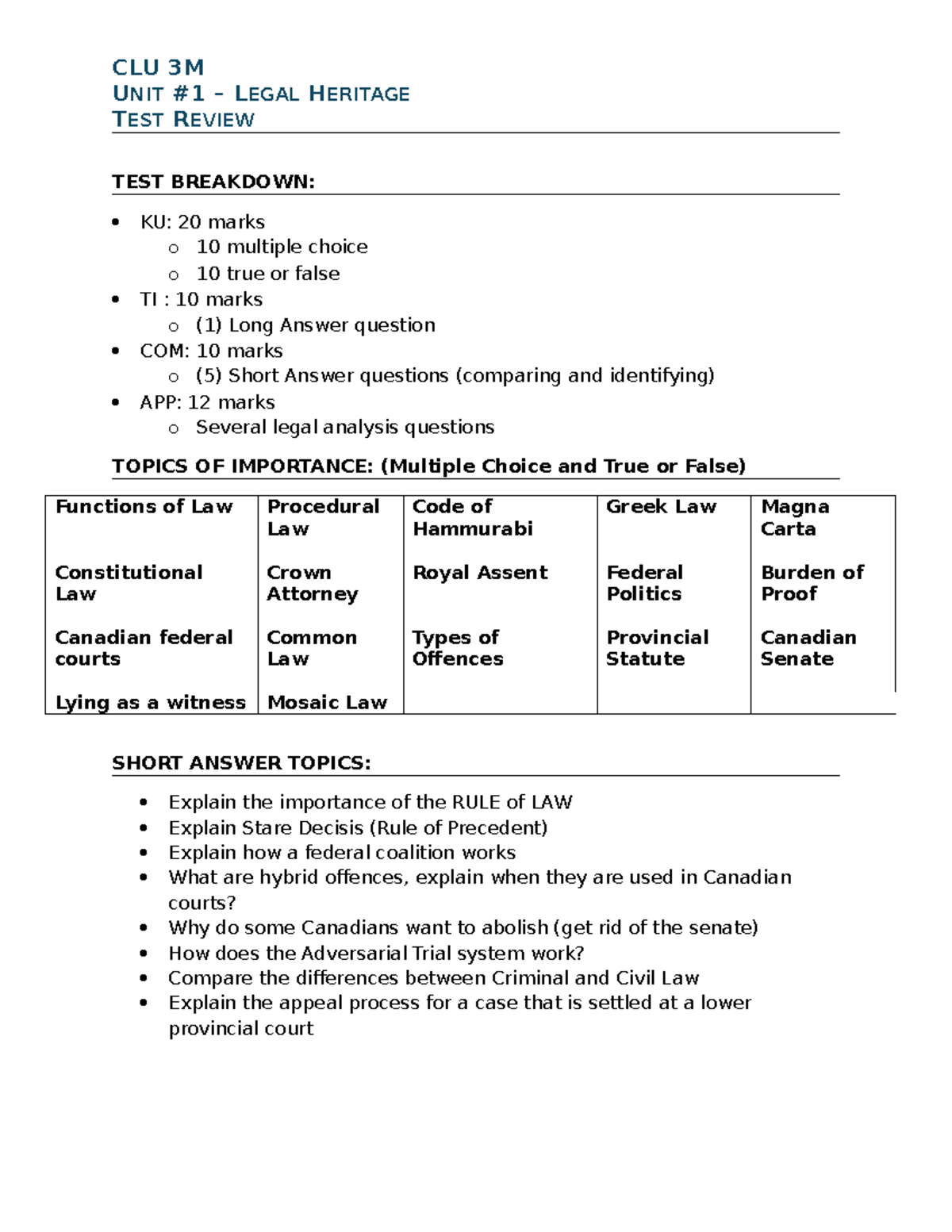 CLU 3M Unit #1 Legal Heritage Test Review Guide - CLU 3M UNIT #1 ...