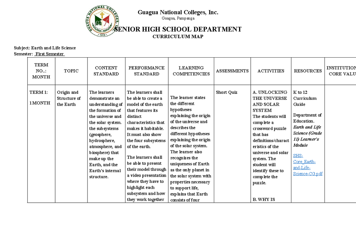 EALS CM 1 - Earth and Life Science Curriculum Map for First Semester ...