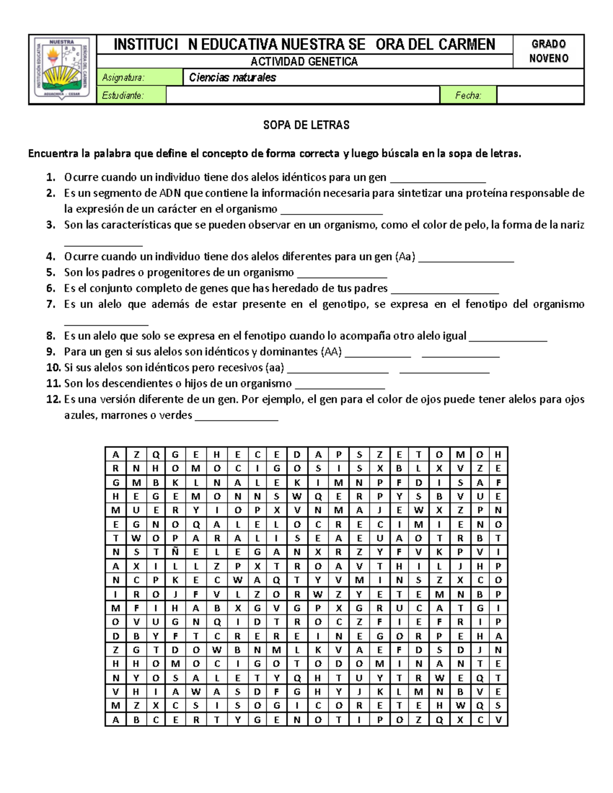 SOPA DE LETRAS CONCEPTOS GENETICA - INSTITUCIÓN EDUCATIVA NUESTRA ...