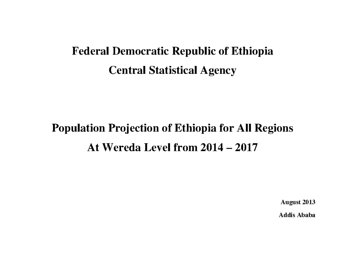 Ethiopia Population Projections (2014-2017) at Wereda Level Analysis ...