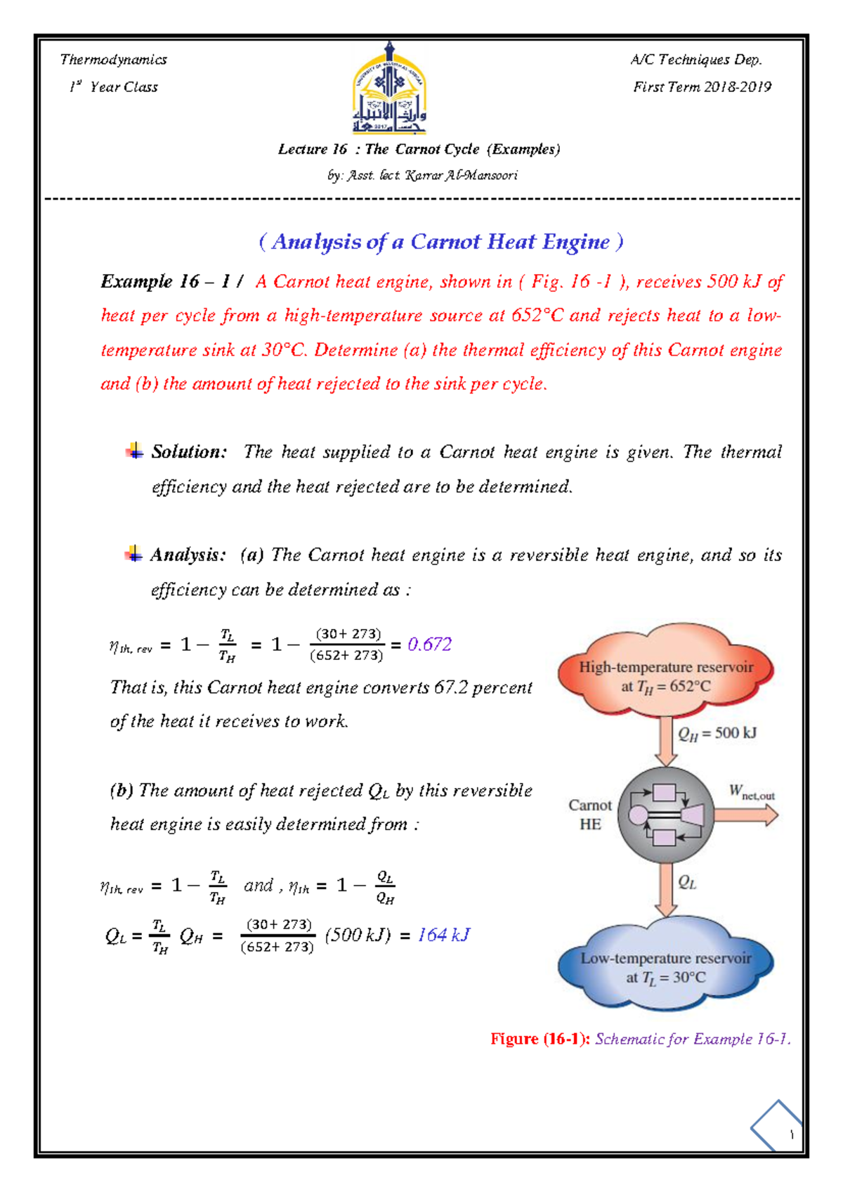 Thermodynamics Techniques Dep. 1st Year Final Exam Lecture 16: Carnot ...