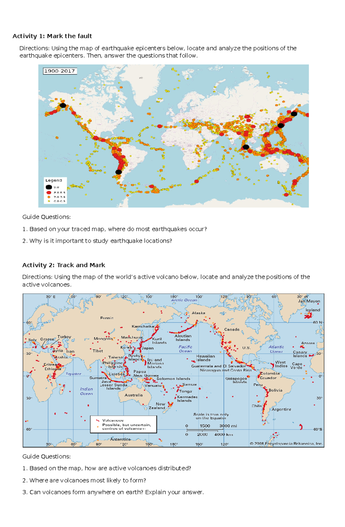 Activity - Location of Earthquake Epicenters, Active Volcanoes, and ...
