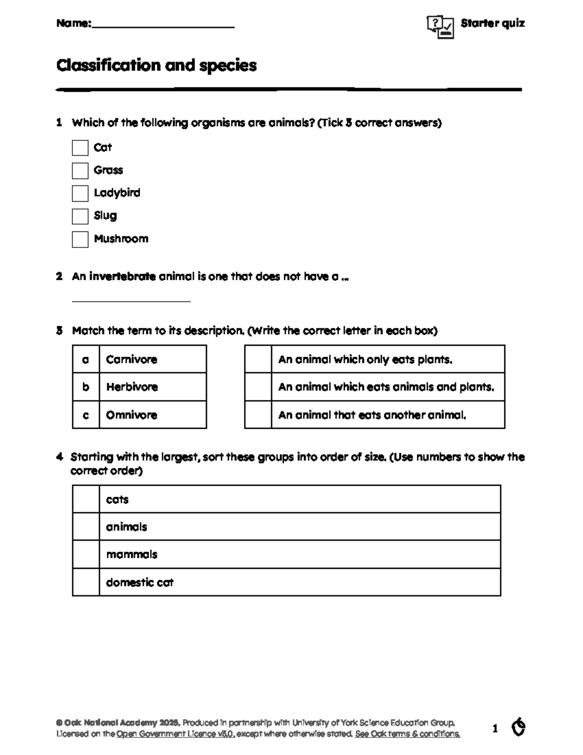 Starter Quiz: Classification and Species Overview - Studocu