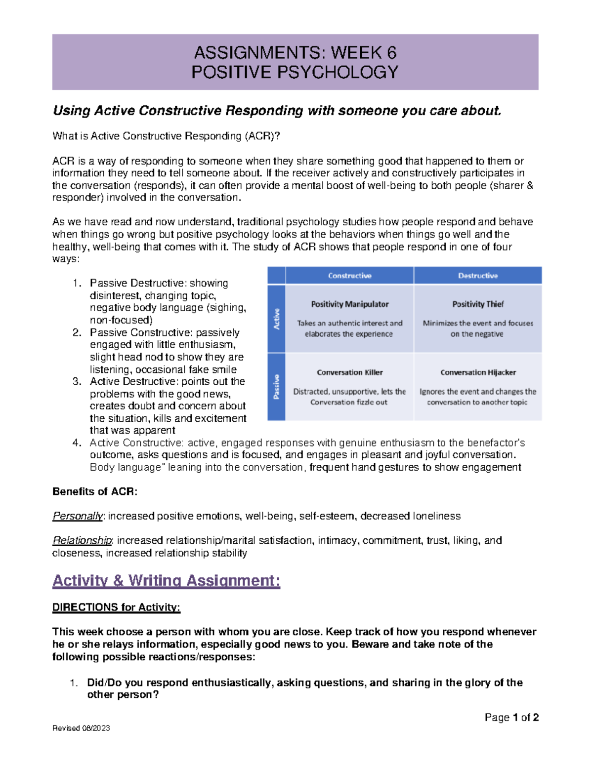 Assignment Week 6: Exploring Active Constructive Responding - Fall 2022 ...