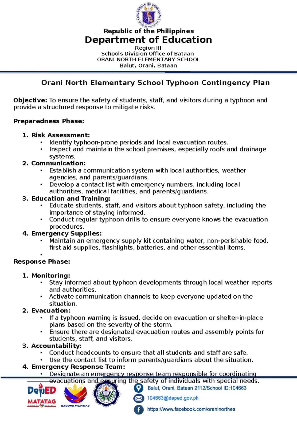 Orani North Elementary School Typhoon Contingency Plan - Studocu