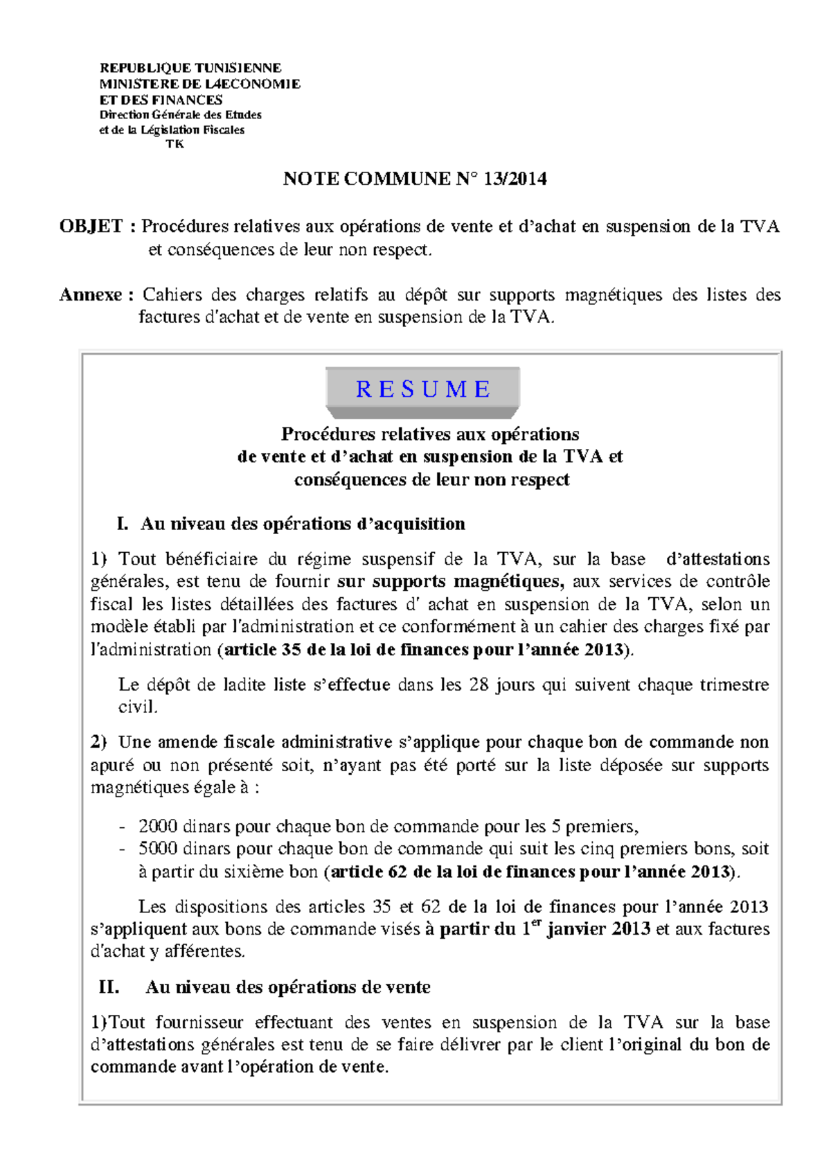 Note Commune n° 13: Procédures de Vente et Suspension de la TVA - Studocu