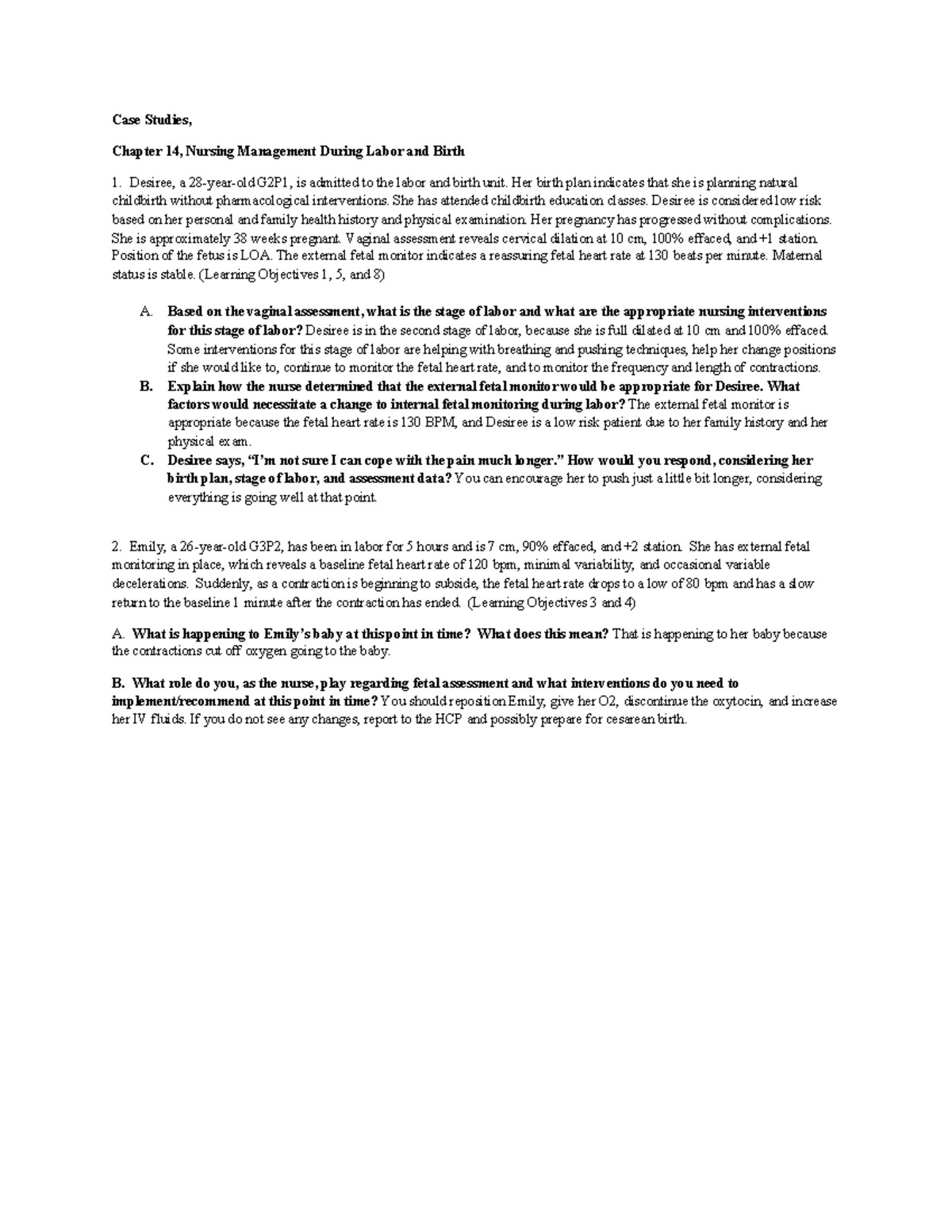 Desiree Case Study: Nursing Management in Labor & Birth (Chapter 14) - Studocu