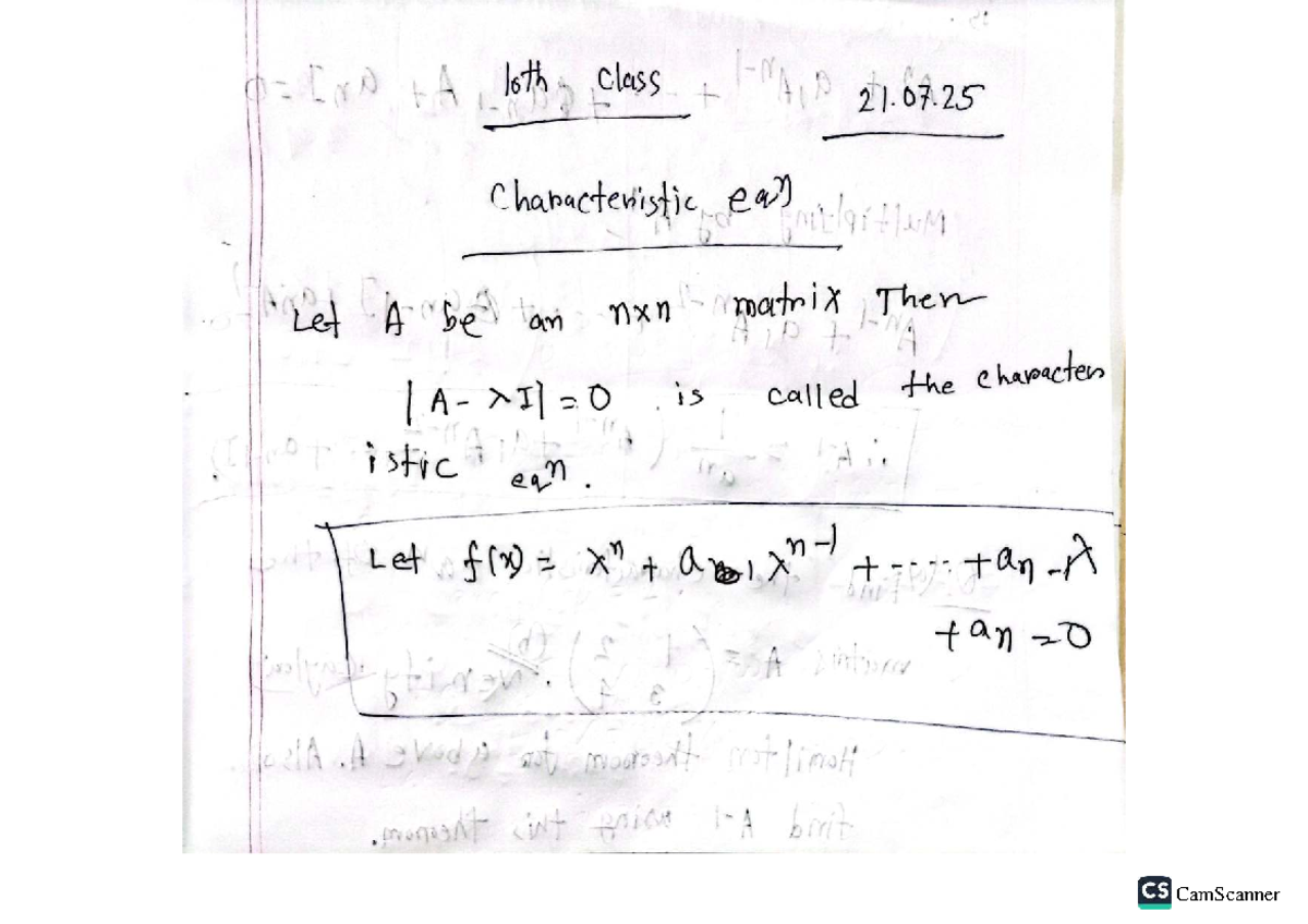 MAT 205: Characteristic Equation & Cayley-Hamilton Theorem Notes - Studocu