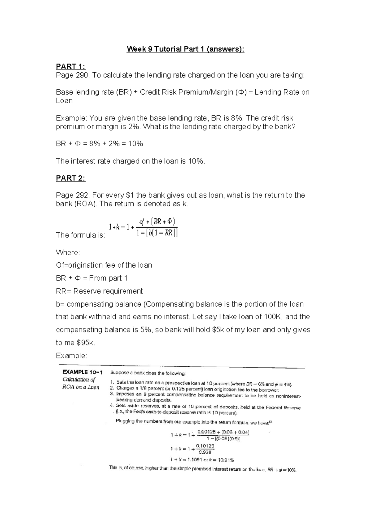 Week 9 Tutorial Chapter 10 Part 1 Answers - Week 9 Tutorial Part 1 (answers): PART 1: Page 290 ...