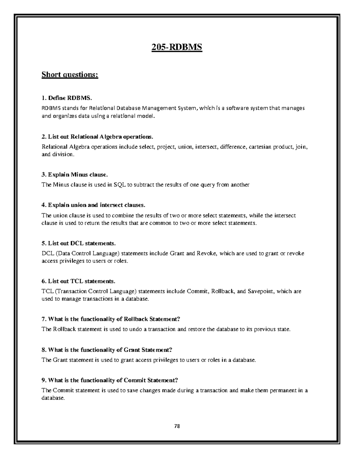 SEM-2 Rdbms Q.A - Question Answer For Exam Preparations. - 205-RDBMS Short questions: Define ...