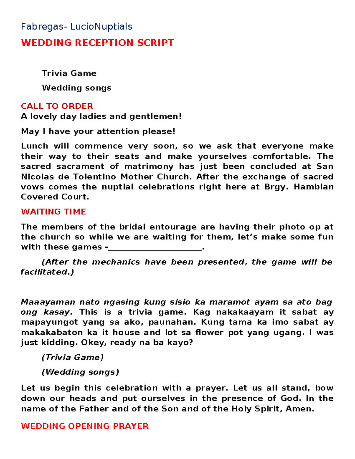 Sapallo-Ferrera Wedding Reception Script: A Joyous Celebration - Studocu