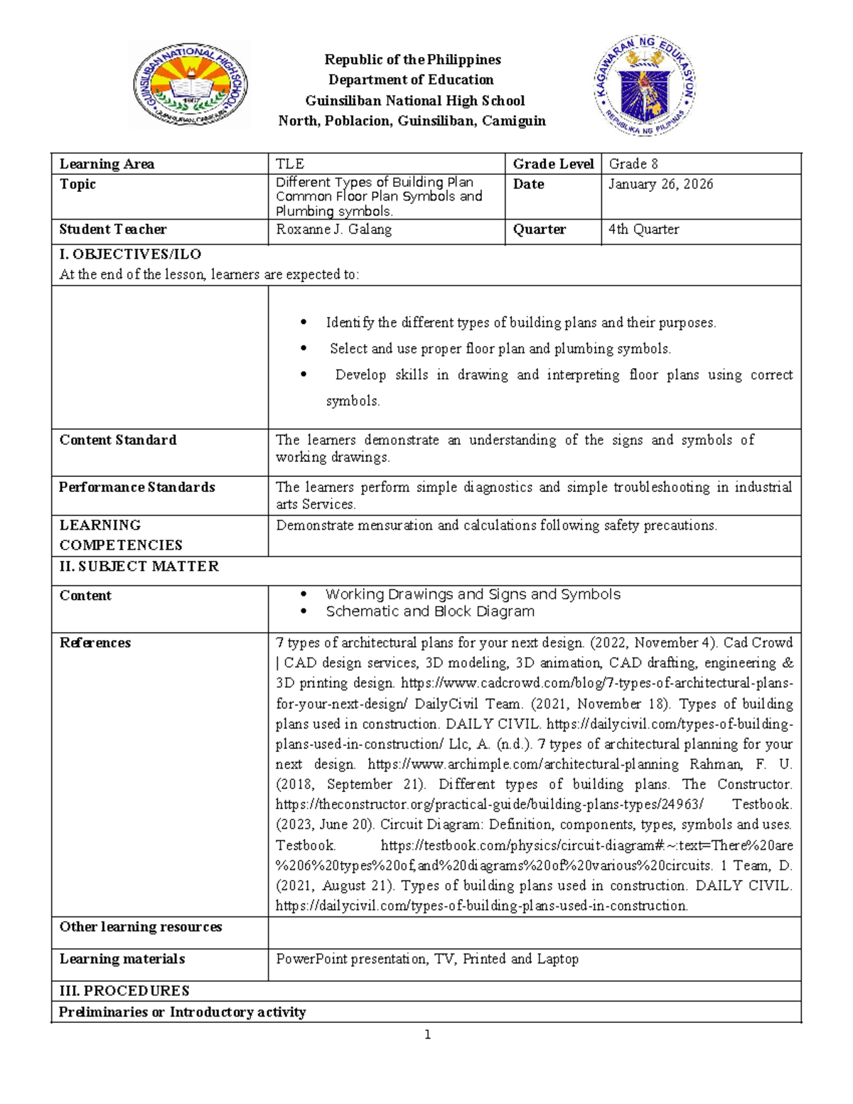 SM-LP Grade 8 TLE Lesson: Building Plans & Symbols Guide - Studocu