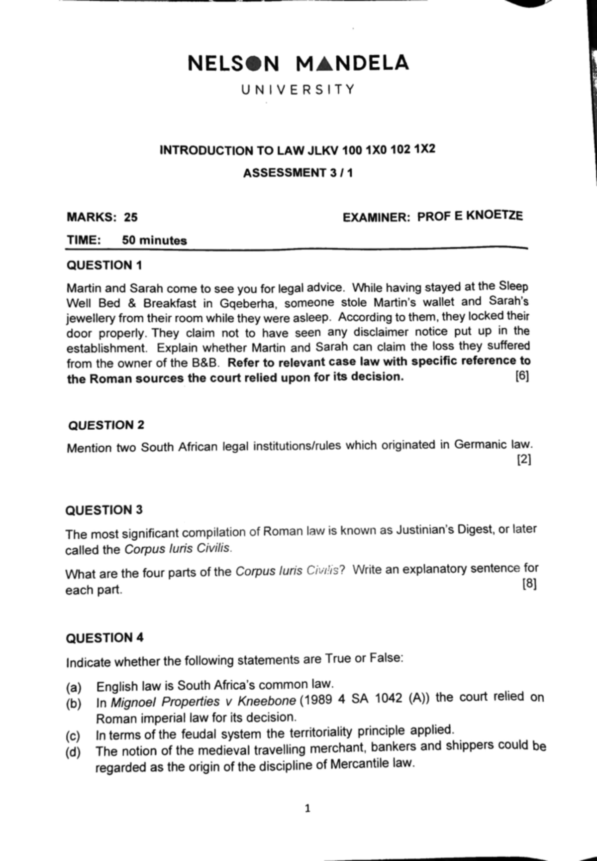 Introduction to law - Second Semester’s first assessment out of 30 ...