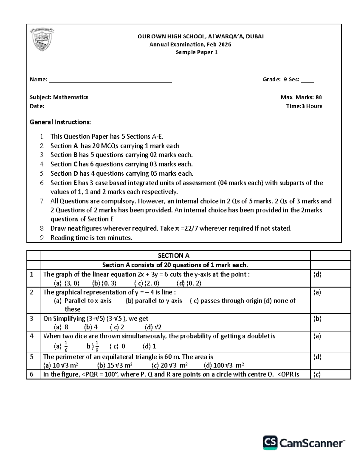 Mathematics Annual Exam Sample Paper 1 - Grade 9 (2025-2026) - Studocu