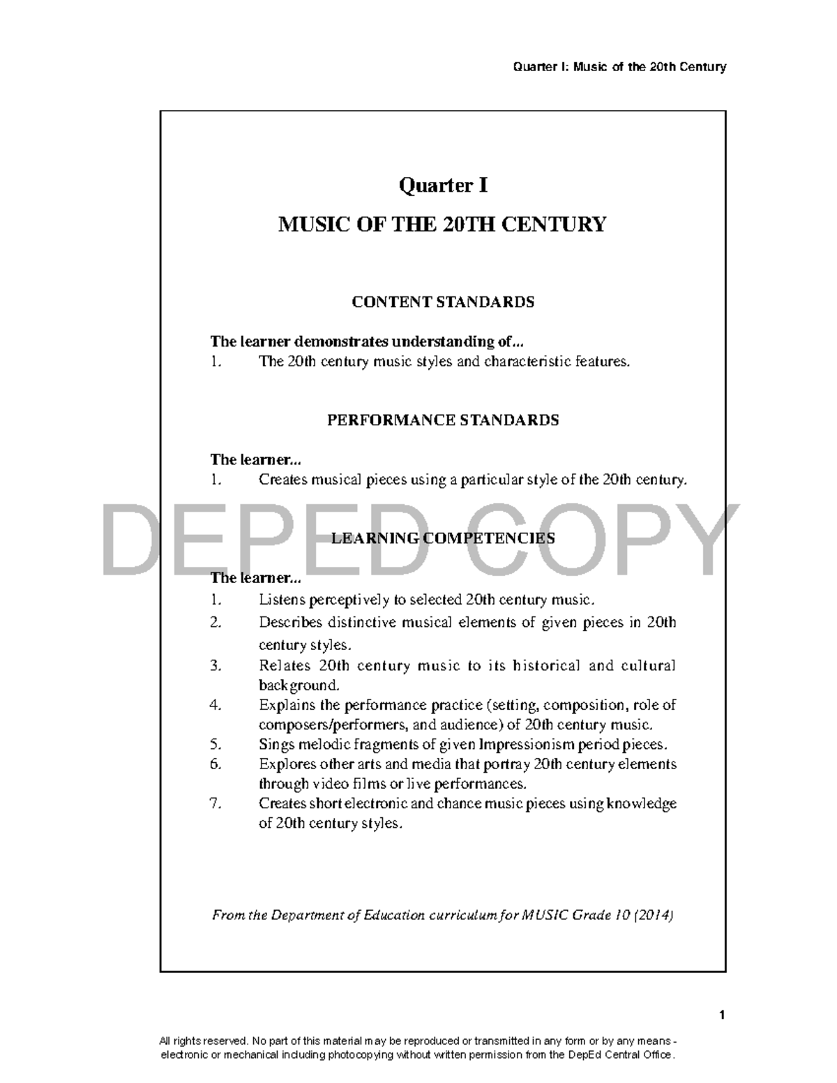 Quarter I Music of the 20th Century: Styles & Composers Guide for Gr10 ...