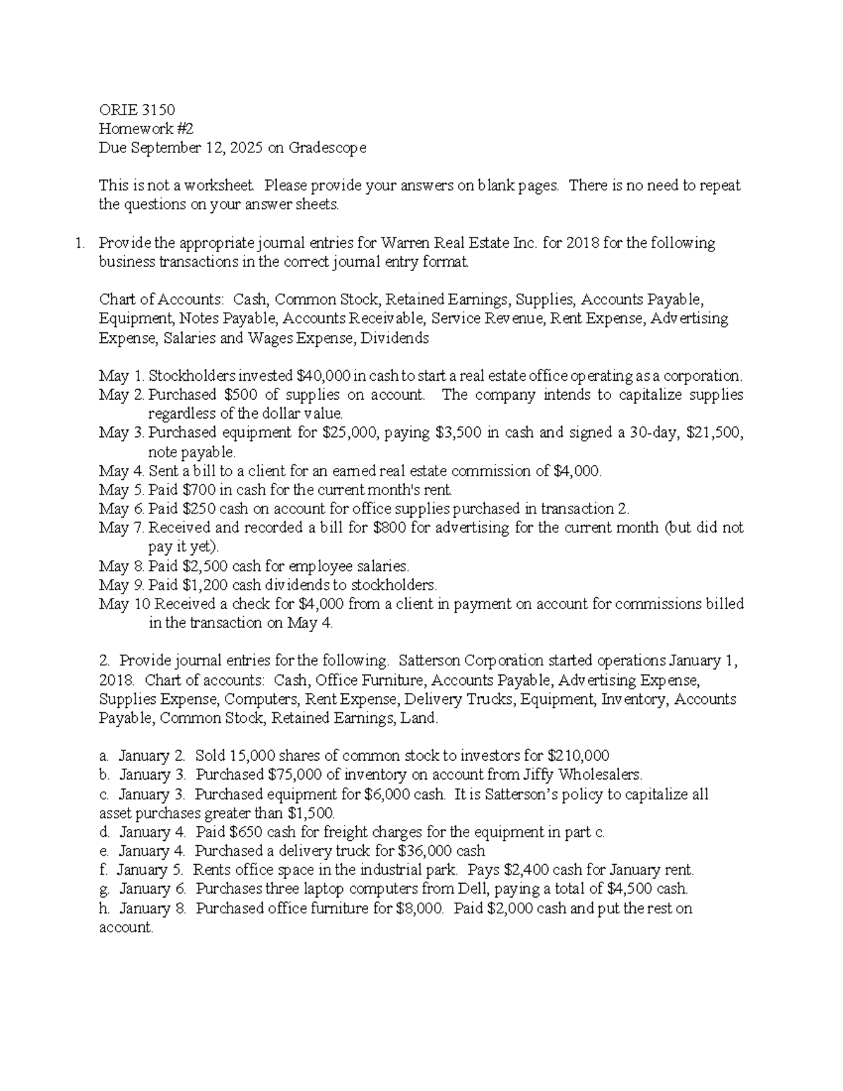 ORIE 3150 Homework #2 Journal Entries for Real Estate & Corp ...