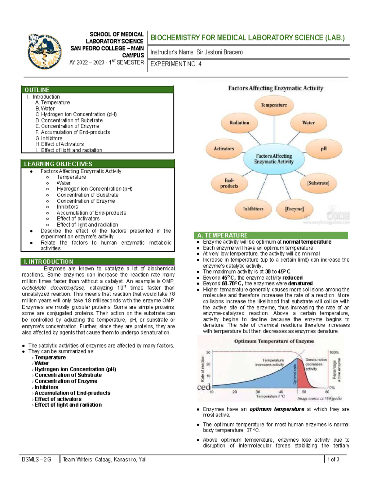 BSMLS 2G Experiment 4: Factors Influencing Enzyme Activity - Studocu