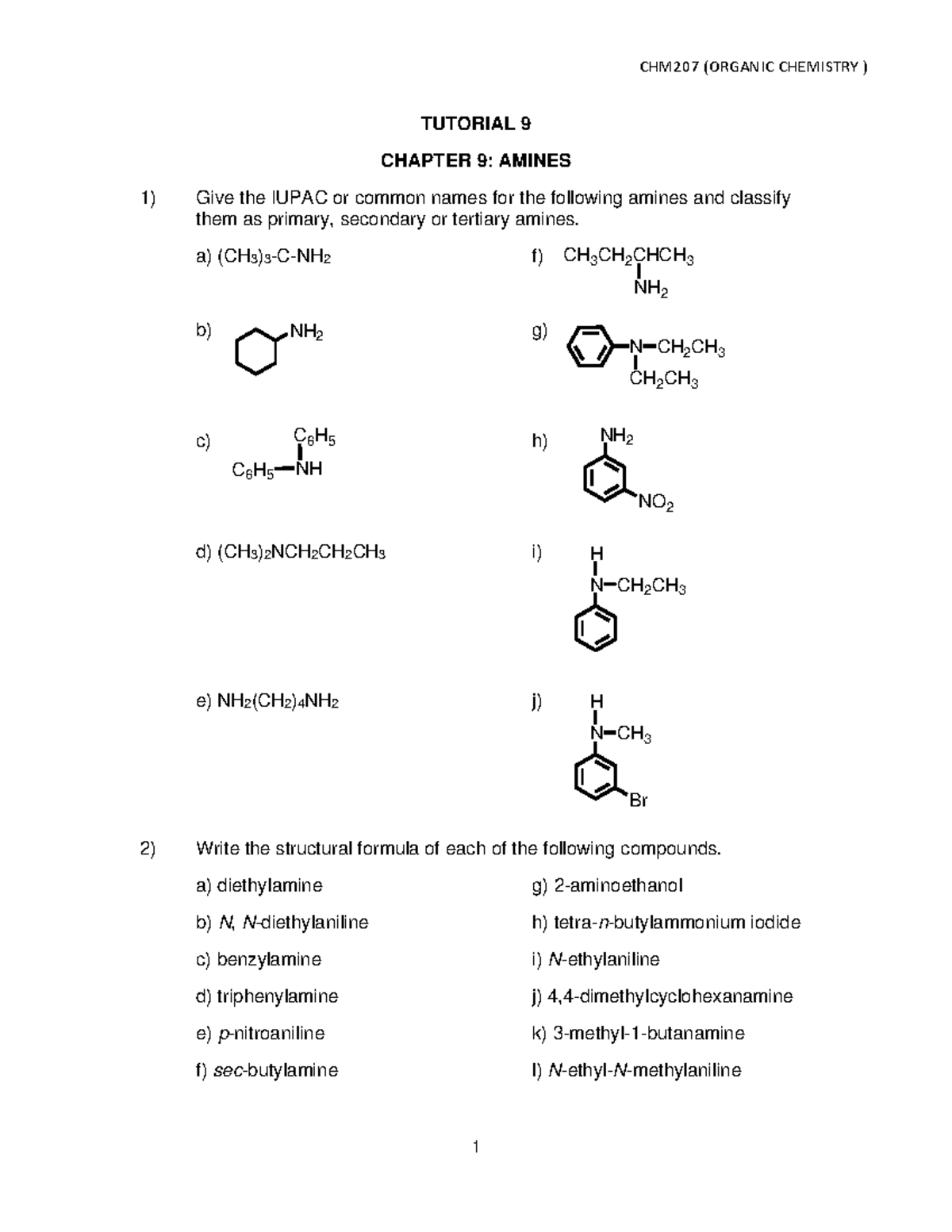 CHM207 Organic Chemistry Tutorial 9: Amines and Their Properties - Studocu