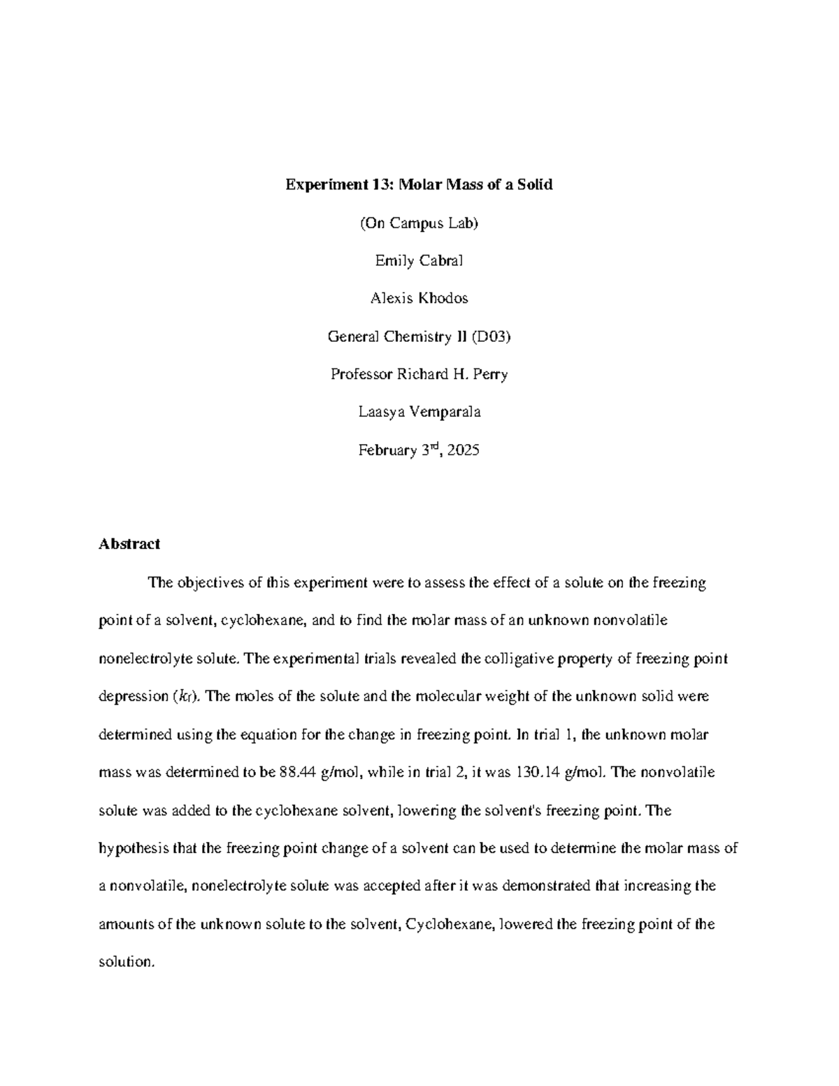 Ex13 Lab Report: Molar Mass Determination in Chem II (D03) - Studocu