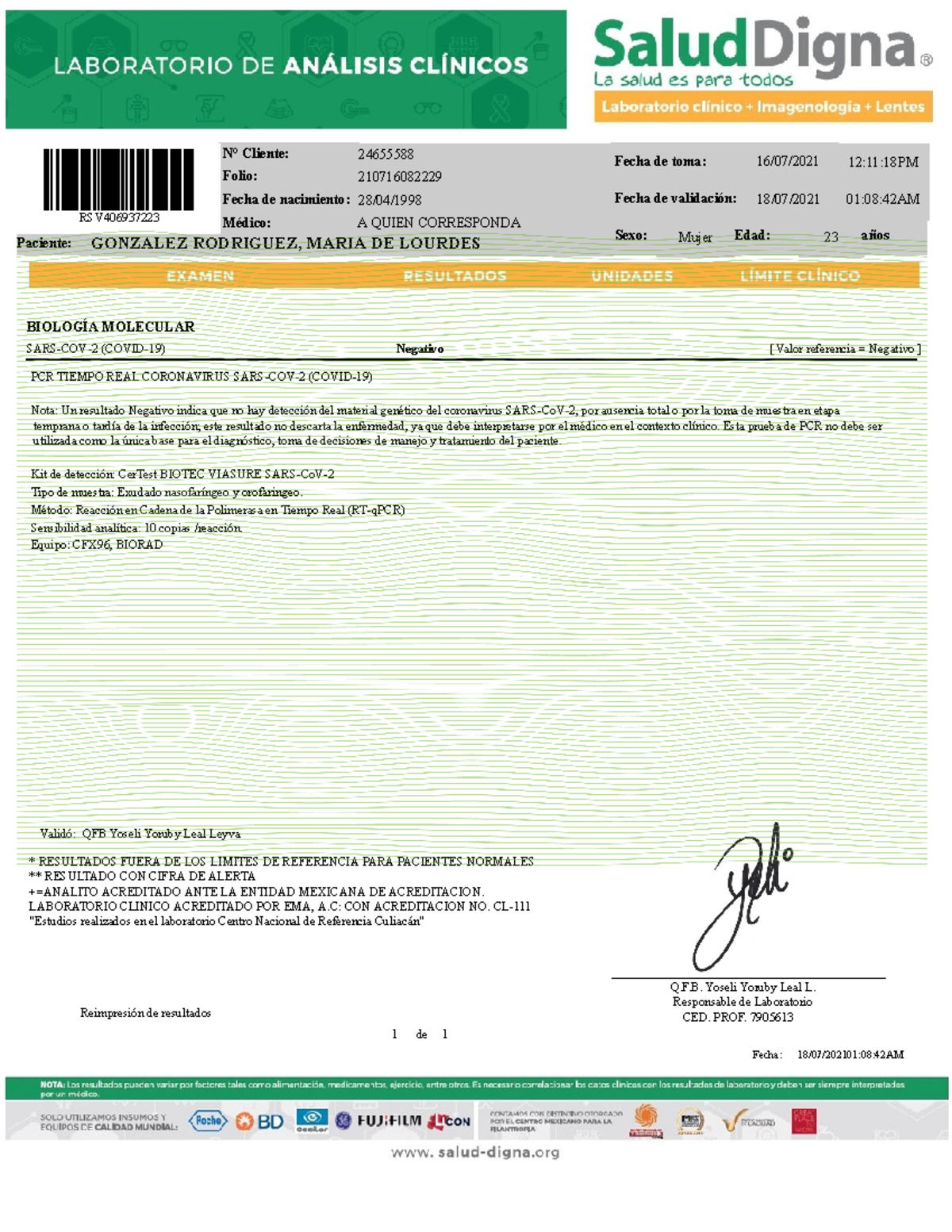Resultados Salud Digna (3) - N° Cliente: Folio: 210716082229 Fecha de ...