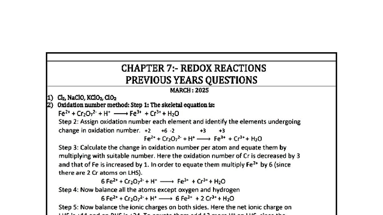 CHAPTER REDOX REACTIONS PREVIOUS YEARS QUESTIONS MARCH 2025 - Studocu