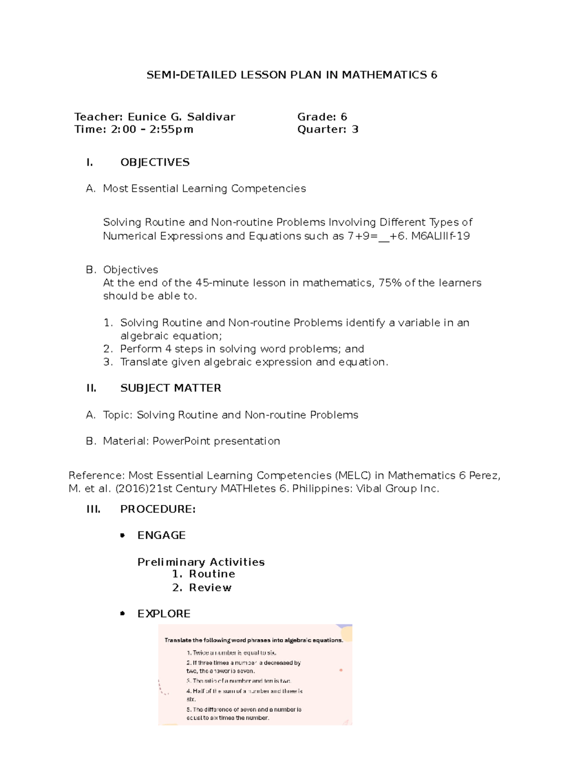 Lesson Plan: Solving Routine & Non-Routine Problems (Math 6) - Studocu