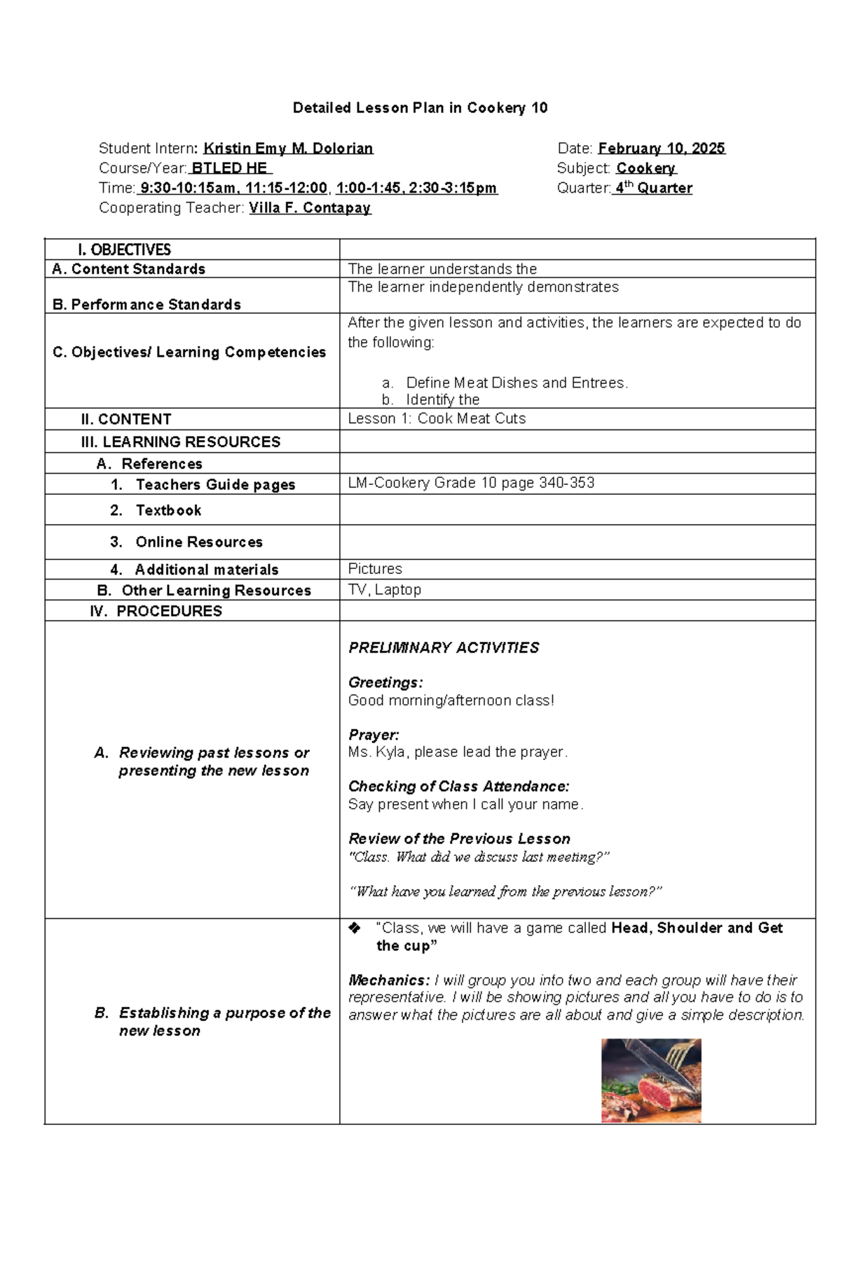 Detailed Lesson Plan in Cookery 10: Meat Dishes & Marinades - Studocu