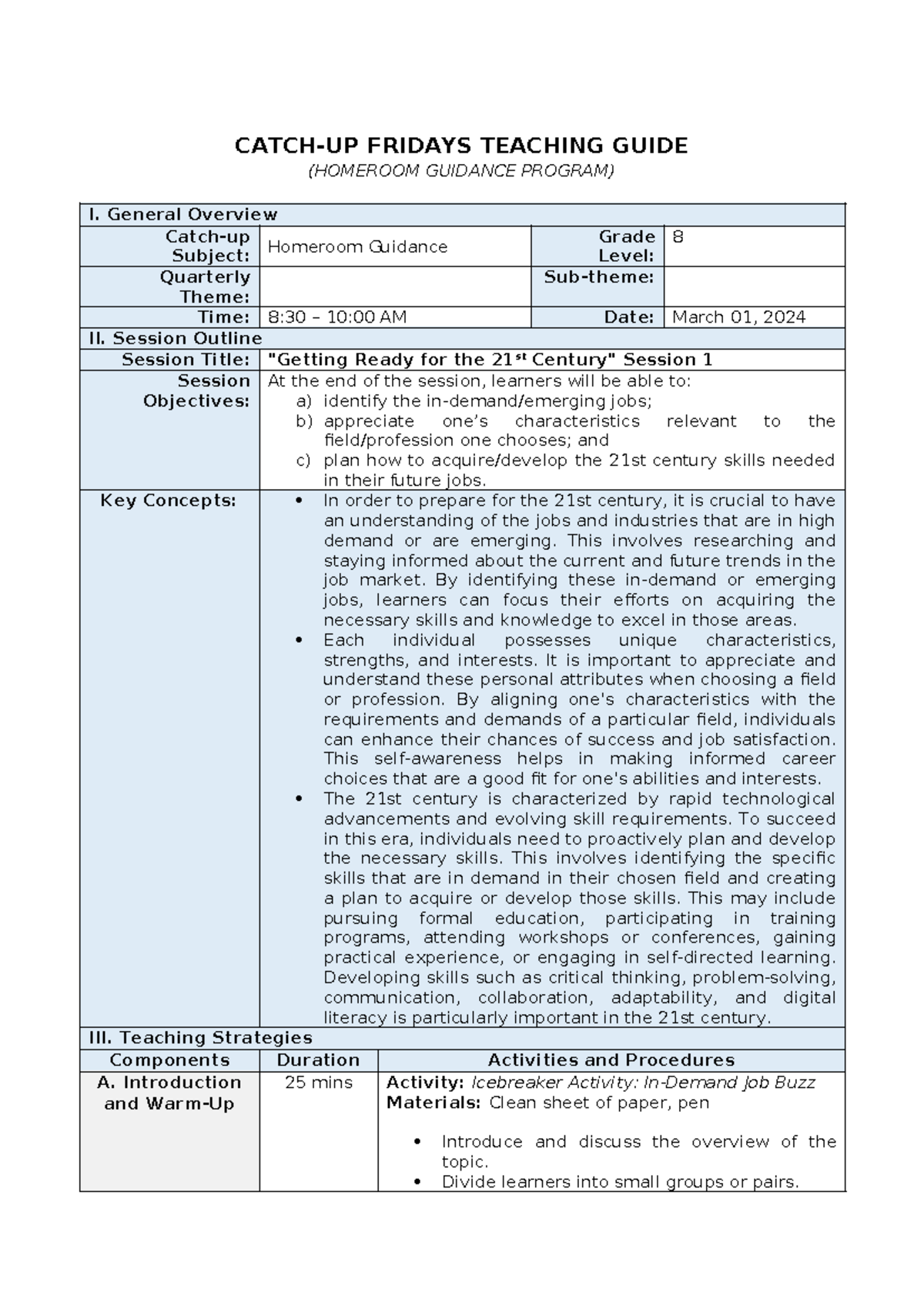 Catch-up Friday Lesson Plan: 21st Century Homeroom Guidance - Studocu