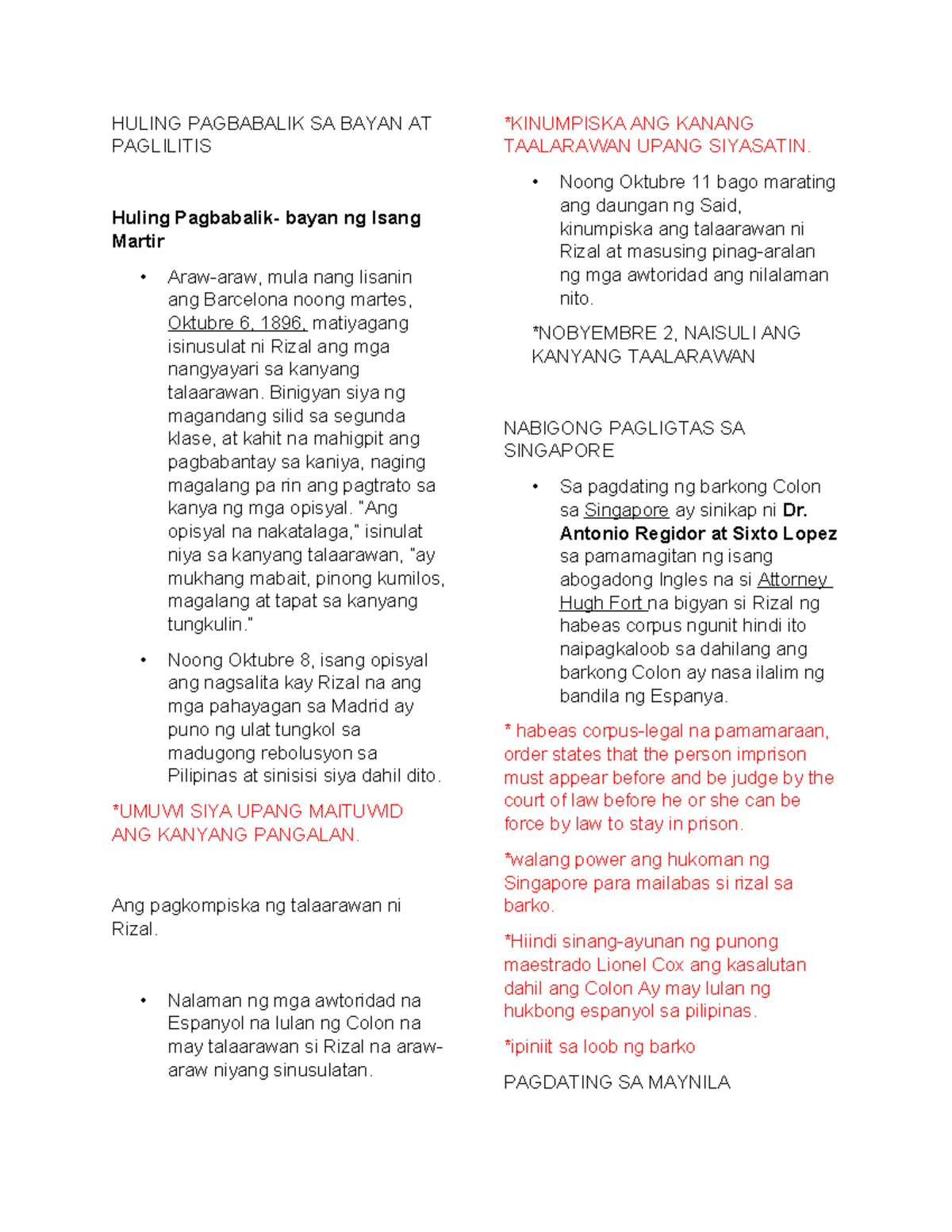 Huling Pagbabalik at Paglilitis ni Rizal: Isang Pagsusuri - Studocu