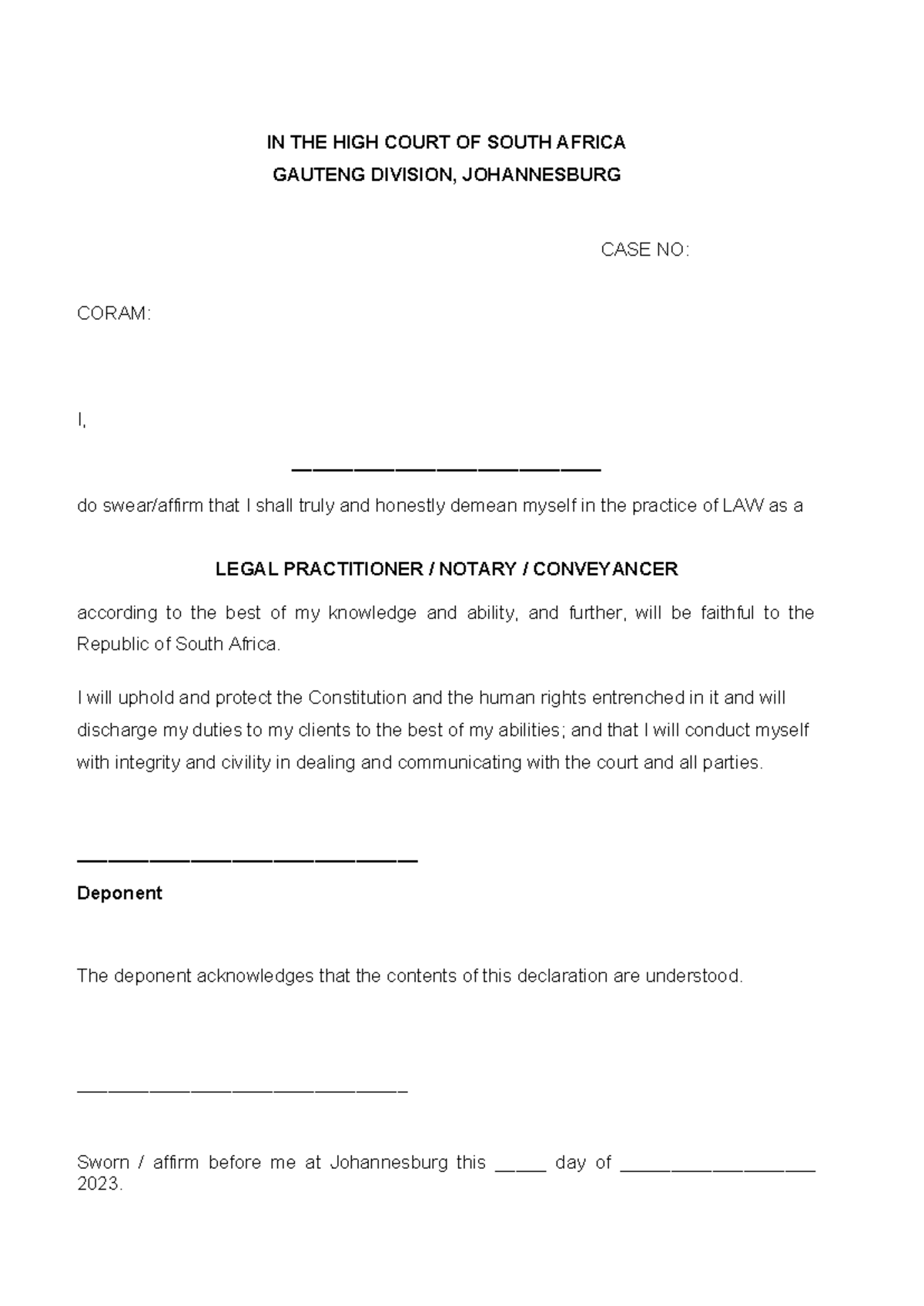 Admissions Oath Affirmation Form for Legal Practitioners - Studocu