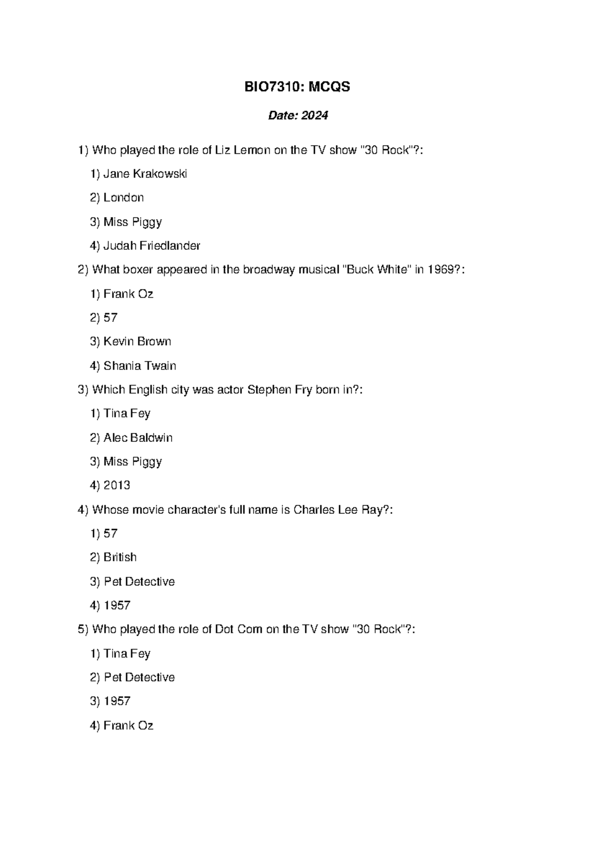 BIO7310: 30 Rock MCQs and Answers - Study Notes - Studocu