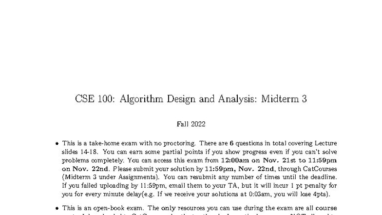 CSE 100: Algorithm Design and Analysis - Midterm 3 Solutions Fall 2022 - Studocu