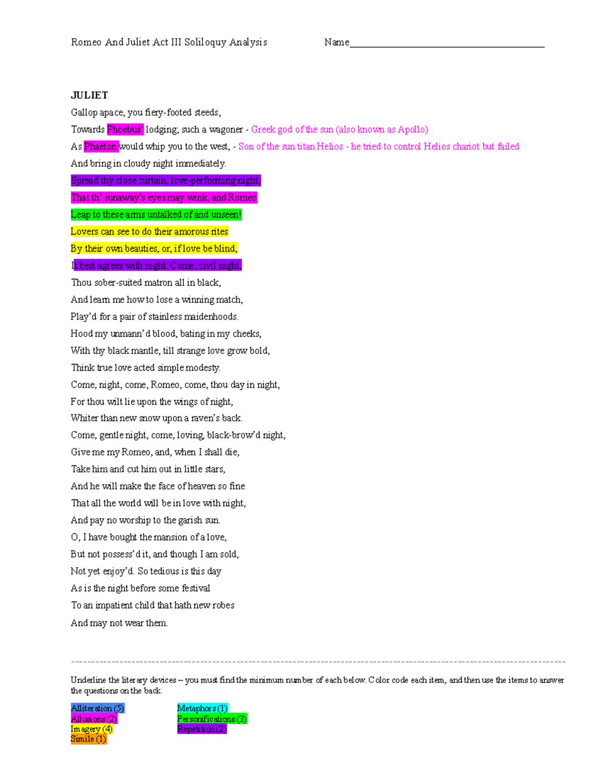 Romeo and Juliet Act III Soliloquy Analysis and Literary Devices - Studocu